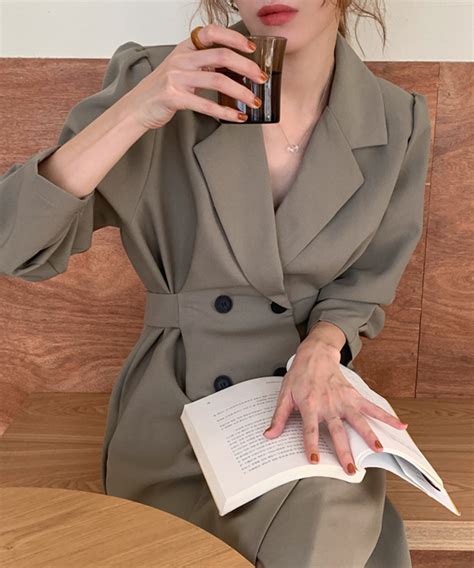 자켓 원피스 테일러 카라 퍼프 긴팔 벌룬 긴소매 더블버튼 하이웨스트 허리벨트 솔리드 무지 H라인 롱원피스 가을 간절기