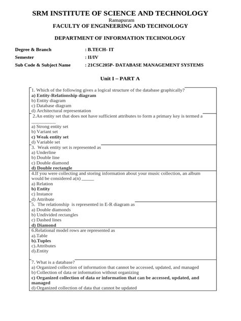 21csc205pdbmsunit I Qb Pdf Databases Conceptual Model