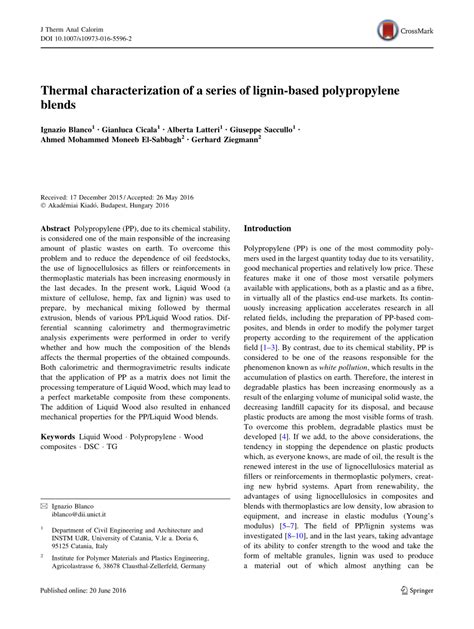 Pdf Thermal Characterization Of A Series Of Lignin Based Polypropylene Blends