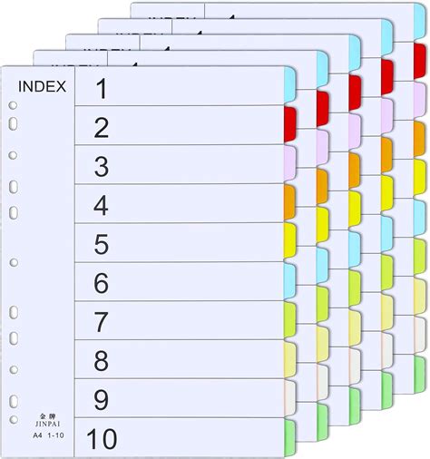 A4 File Dividers 5 Pack 10 Part Coloured Multi Hole Punched Tabbed