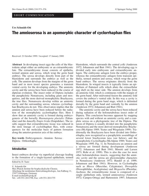 Pdf The Amnioserosa Is An Apomorphic Character Of Cyclorrhaphan Flies