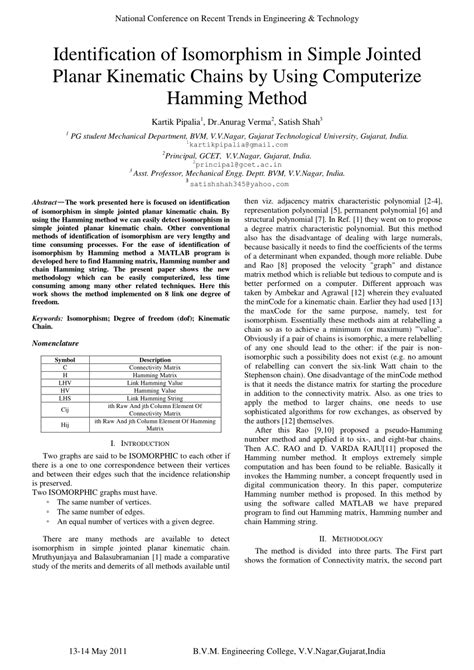 Pdf Identification Of Isomorphism In Simple Jointed Planar Kinematic Chains By Using