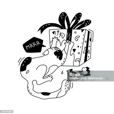 귀여운 작은 새끼 고양이는 선물이있는 상자에 발톱을 날카롭게합니다 재미있는 고양이와 새해 스티커 휴일 파티를위한 인사말 카드 벡터 일러스트레이션의 플랫 스타일입니다 흰색