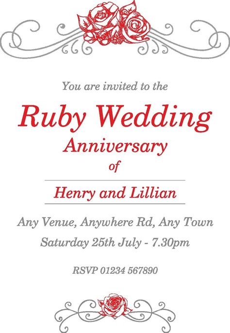 Personalised Ruby Wedding Anniversary Invitations Envelopes Included