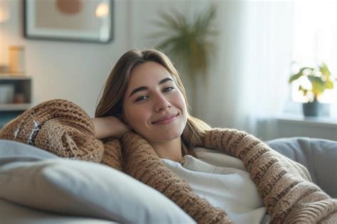 Premium Photo A Woman Sitting On Top Of A Couch Next To A Window