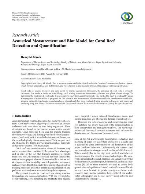 Pdf Acoustical Measurement And Biot Model For Coral Reef Detection And Quantification