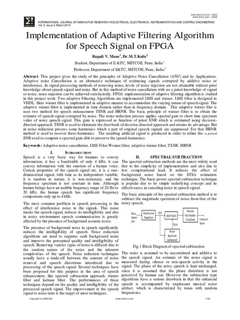 Implementation Of Adaptive Filtering Algorithm For Speech Signal On Fpga Pdf Spectral