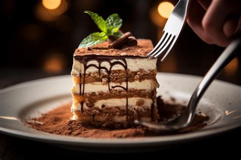 Premium Photo Tiramisu Tasting Closeup Of Fork With A Bite