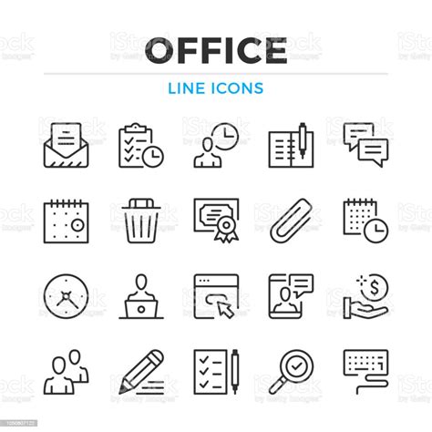 오피스 라인 아이콘을 설정합니다 현대 개요 요소 그래픽 디자인 개념입니다 선 선형 스타일입니다 간단한 기호 컬렉션입니다 벡터 라인 아이콘 아이콘에 대한 스톡 벡터 아트 및