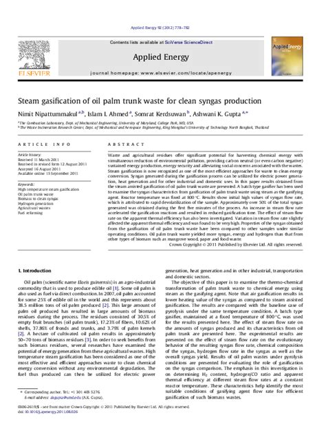 Pdf Steam Gasification Of Oil Palm Trunk Waste For Clean Syngas