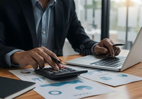 calculating financial data with laptop and charts for business analysis