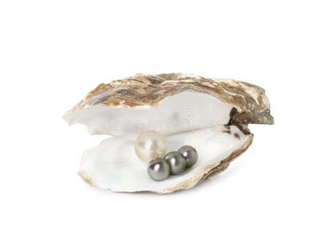 Open Oyster Shell With Different Pearls On White Background Stock Photo