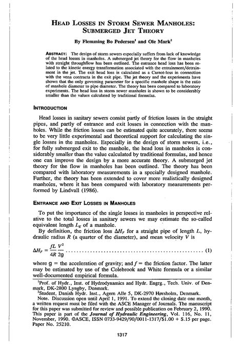 Pdf Head Losses In Storm Sewer Manholes Submerged Jet Theory