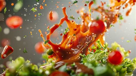 Artistic Portrayal Of Food With Sauce Suspended In Mid Air Stock