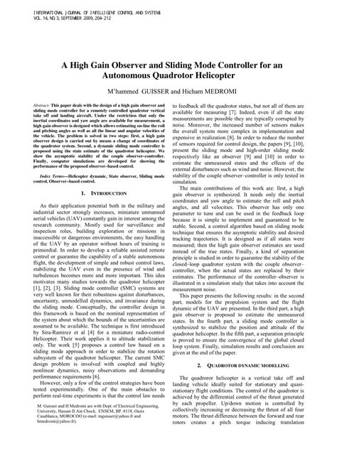 Pdf A High Gain Observer And Sliding Mode Controller For An Autonomous Quadrotor Helicopter