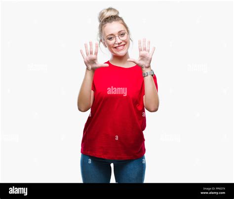 Young Blonde Woman Wearing Glasses Over Isolated Background Showing And