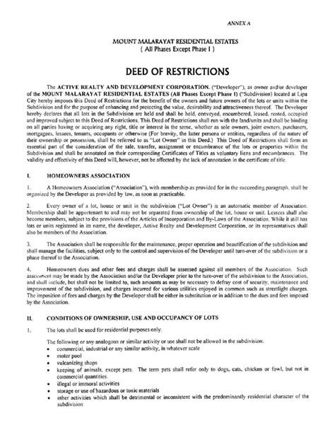 Deed Of Restrictions 2 Pdf Title Property Sewerage