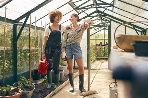 Two Female Friends Or Same Sex Couple Working In Greenhouse At Home
