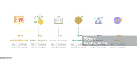 인포그래픽 디자인 템플릿입니다 디지털 마케팅 시장 조사 전자 메일 마케팅 영업 목표 분석 6 가지 옵션 또는 단계를 갖춘 시장