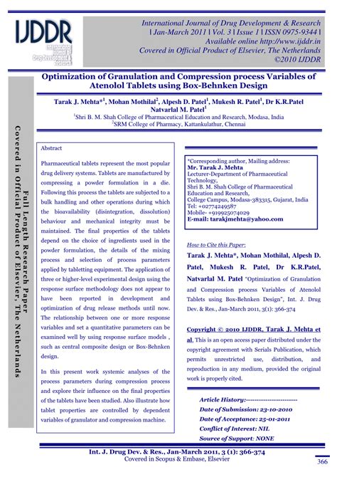 Pdf Optimization Of Granulation And Compression Process Variables Of Atenolol Tablets Using