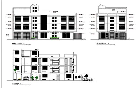 Multi Floor Building Elevation And Section 2d View Layout File In