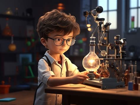 研究室で科学実験を行う発明家の少年の 3d レンダリング プレミアム写真