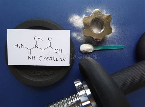 Structural Chemical Formula Of Creatine Molecule With Scoop Of White Supplement Powder And