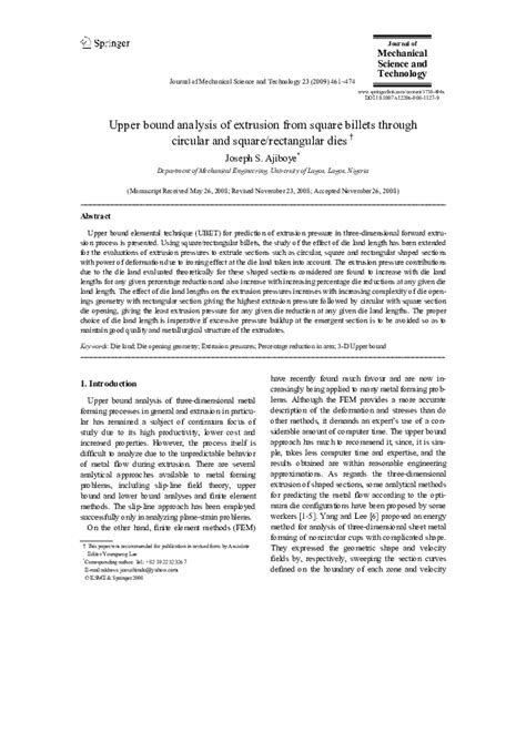 Pdf Upper Bound Analysis Of Extrusion From Square Billets Through