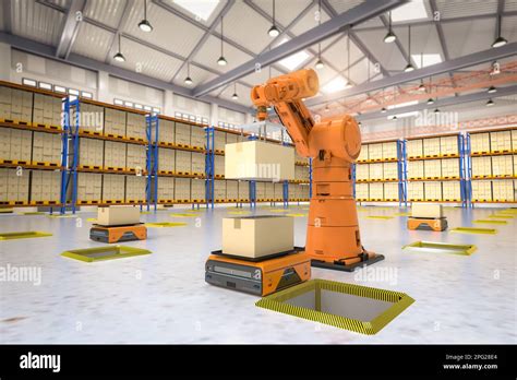 Automation Factory Or Cargo Concept With 3d Rendering Robot Arms And Warehouse Robots Stock