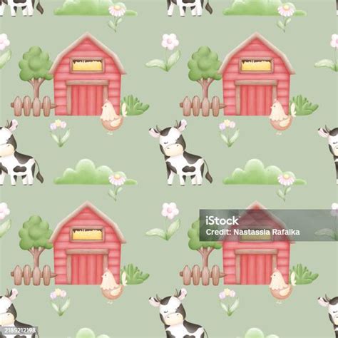 완벽 한 패턴 귀여운 농장 수채화 무늬 귀여운 소와 닭 수채화 키즈 패턴입니다 포장지 카드 벽지 보육 장식 보육 장식 포장지 및 스크랩북에 적합합니다 0명에 대한 스톡 벡터