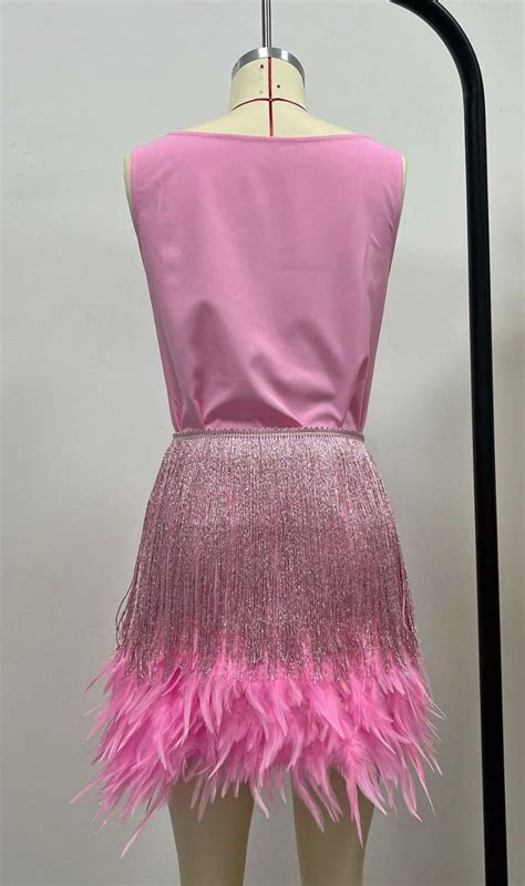 Shiny Fringe Feather Mini Dress In Pink Aiizie