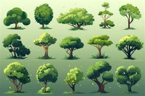 Premium AI Image Set On A Green Background Tree In Flat Style Generative AI
