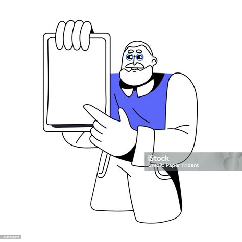 클립 보드에 빈 종이를 보여주고 가리키고 손 제스처로 광고하는 노인 Smth를 제시하는 행복한 노인 흰색 배경에 고립 된 선화 평면 그래픽 벡터 일러스트 레이 션 가리키기에