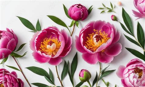 Pink Peony Flower Bouquet Border Flat Lay Top View Frame Template For Web Wedding Invitation