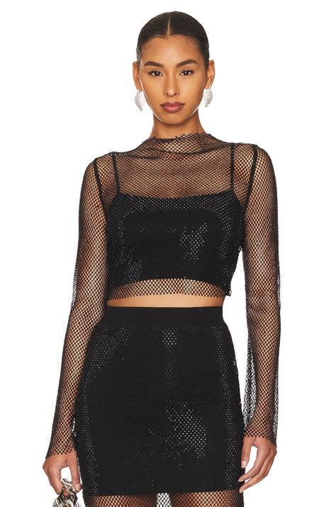 NICHOLAS Anniel Long Sleeve Crystal Fishnet Crop Top In Black REVOLVE