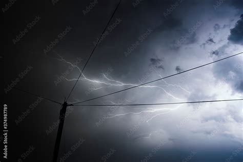 Lightning Over The City Thunder Storm In Massive Blue Cloud Stormy Weather Electricity