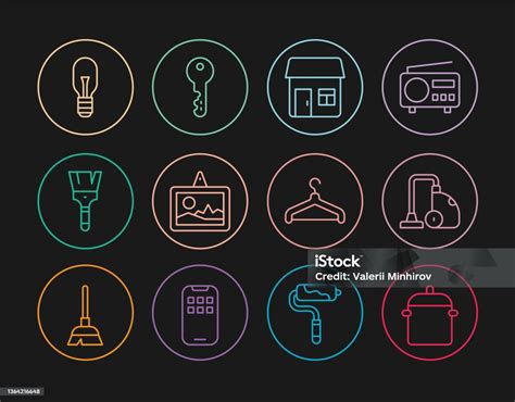 세트 라인 쿠킹 포트 진공 청소기 집 그림 페인트 브러시 전구 행거 옷장 및 키 아이콘 벡터 가사 집안일에 대한 스톡 벡터 아트 및 기타 이미지 Istock