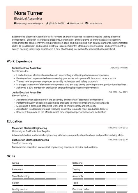 18 Electrical Assembler Resume Examples And Templates For 2025