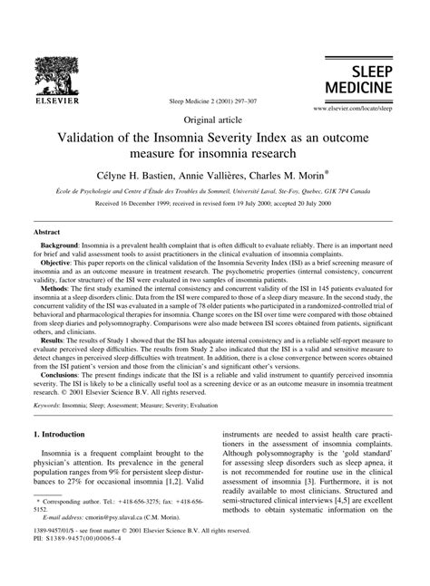Pdf Validation Of The Insomnia Severity Index Isi As An Outcome Measure For Insomnia Research