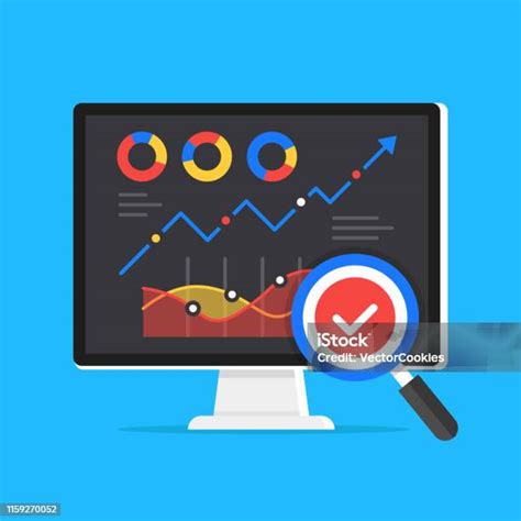 데이터 분석 데이터 분석 개념 화면에 인포그래픽이 있는 컴퓨터와 체크 표시가 있는 돋보기 현대 평면 디자인 그래픽 요소입니다 벡터 일러스트레이션 데이터에 대한 스톡 벡터