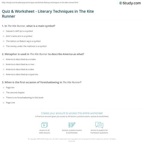 Quiz And Worksheet Literary Techniques In The Kite Runner