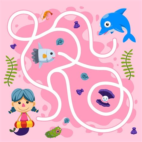 Juego Para Niños Laberinto De Cuerdas Ayuda Simpática Sirena De Dibujos