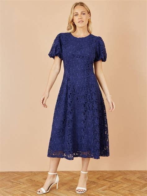 Yumi Puff Sleeve Lace Midi Dress Navy