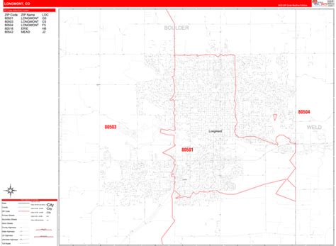 Longmont Colorado Zip Code Wall Map Red Line Style By Marketmaps