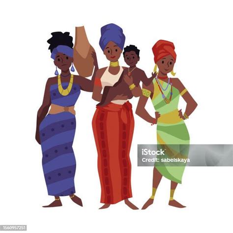 Ilustrasi Vektor Penduduk Asli Afrika Dalam Pakaian Dan Perhiasan Etnis
