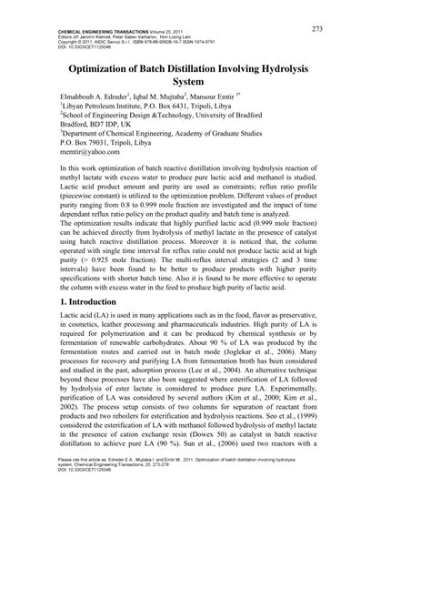 Pdf Optimization Of Batch Distillation Involving Hydrolysis System