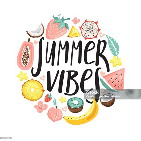 세련 된 타이포그래피 슬로건 디자인 여름 분위기 표지판 파인애플 수박 키위 바나나 파파야 딸기 복숭아 피타하야 코코넛 과 레터링 T 셔츠에 대한 스톡 벡터 아트 및 기타