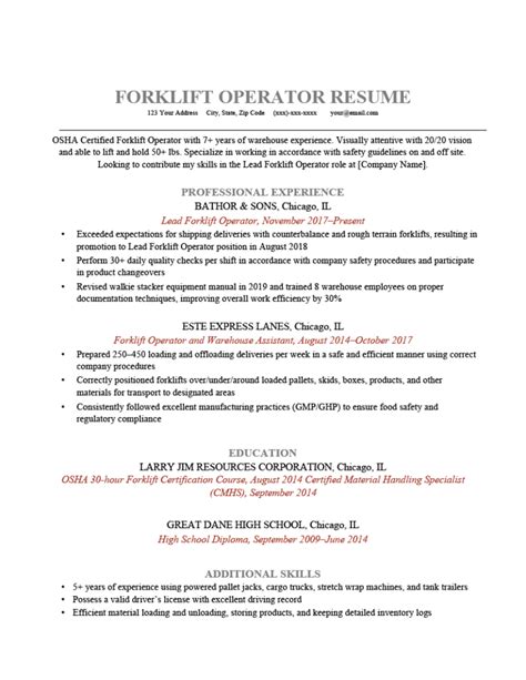 Forklift Operator Resume Sample