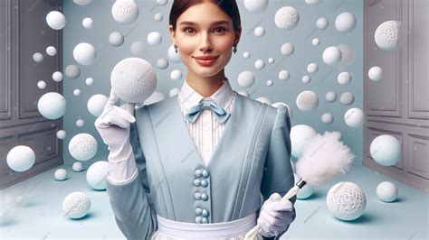 有一位法式女管家在近景淺藍制服一手拿著一顆白球 另一手拿著白色雞毛撢空間裡還有很多 不同遠近 大大小顆的白色益生菌球球 Ai Generated Image 2518631033