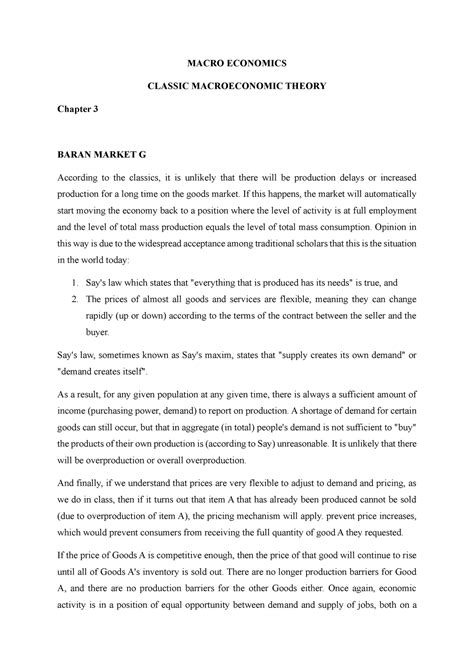 Classic Macroeconomic Theory Lecture Notes Macro Economics Classic